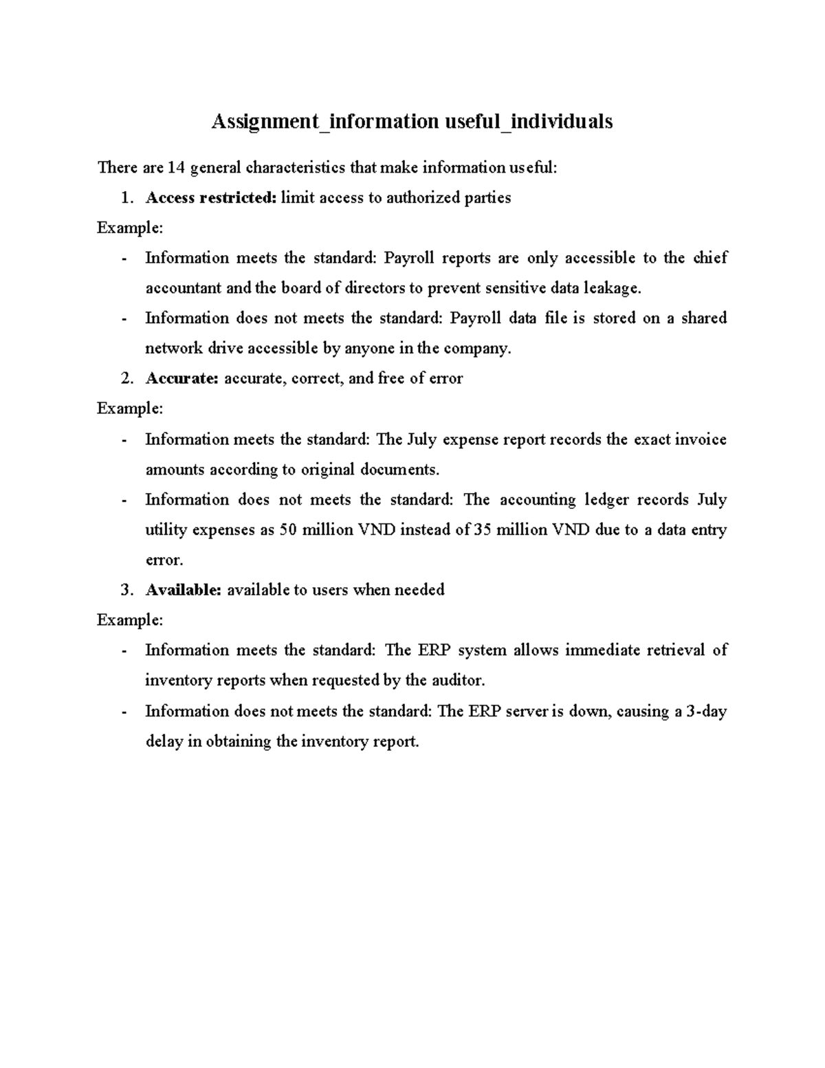 Assignment: Characteristics of Useful Information - Studocu