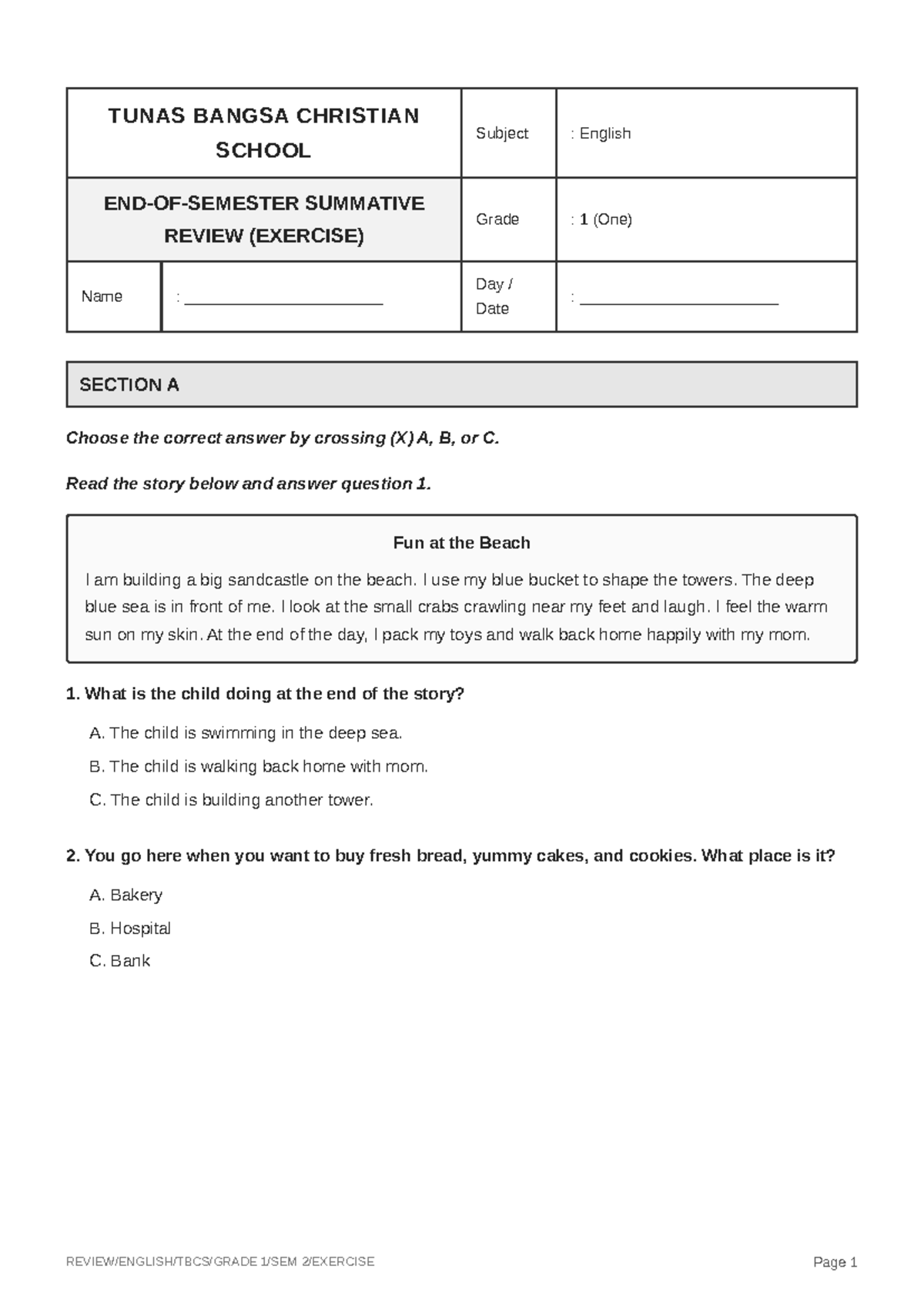 Review Soal SA English Grade 1 Sem2 Exercise - Studocu