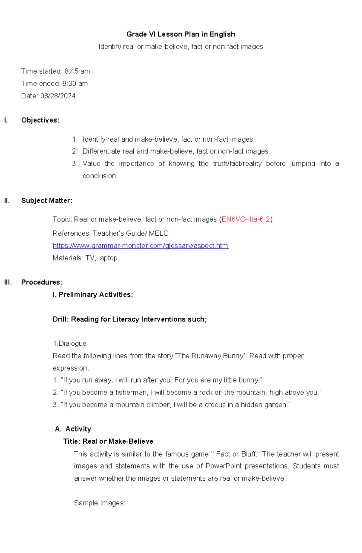 COT-1- English - Grade VI Lesson Plan: Real vs. Make-Believe Images ...