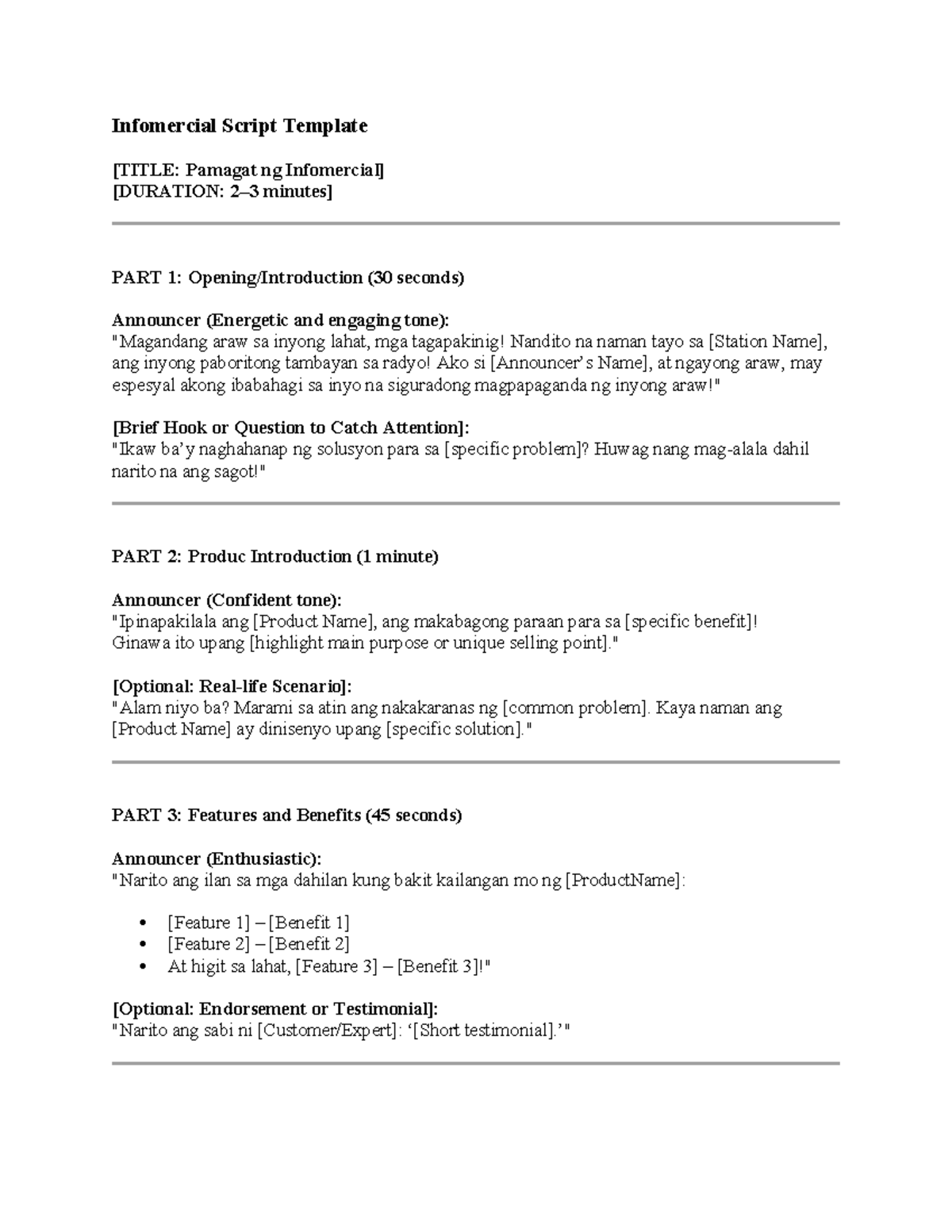Infomercial Script Template in Filipino for Radio Broadcast - Studocu