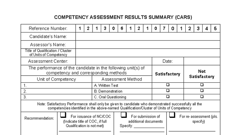 CARS Competency Assessment Results Summary - Sample Document - Studocu