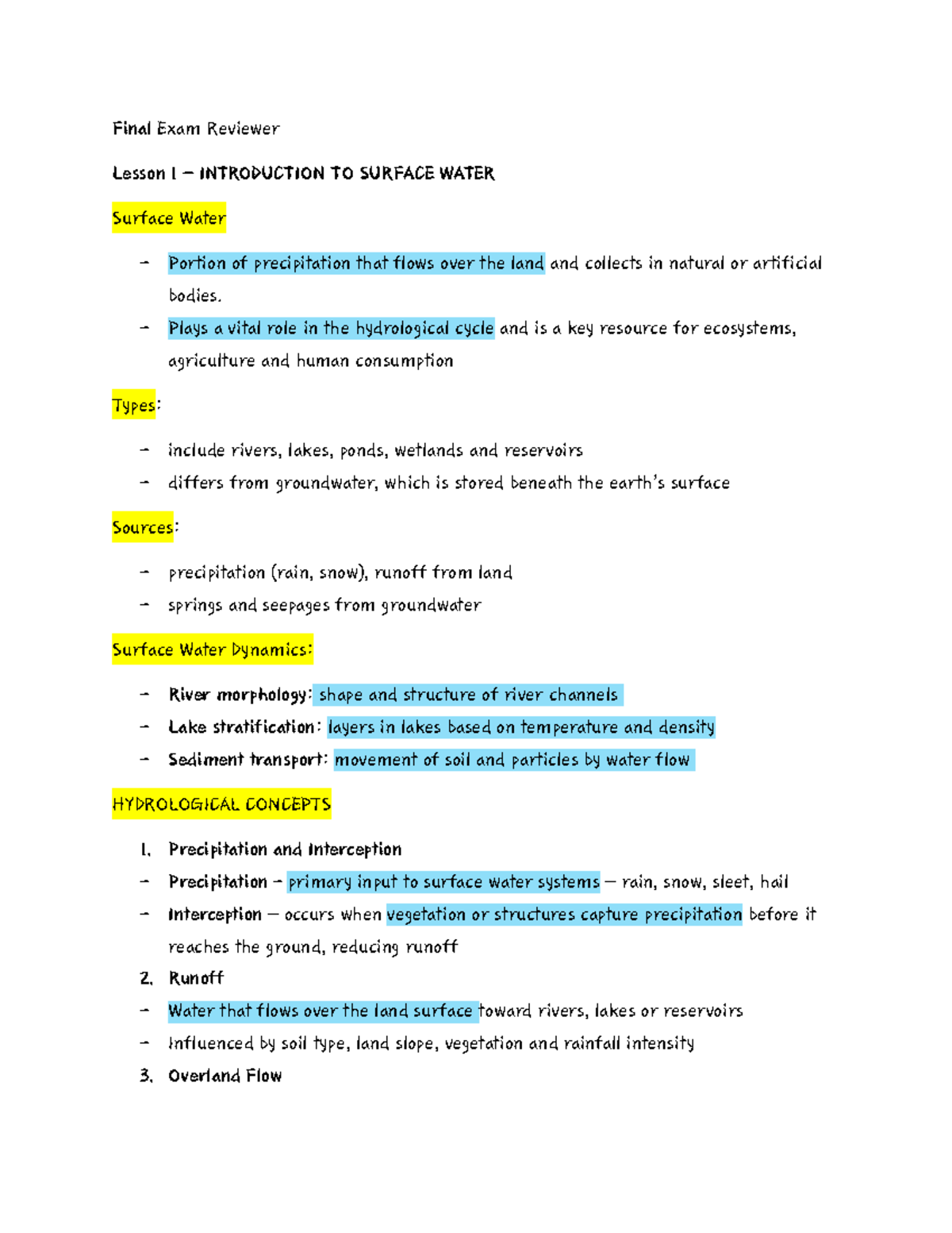 Hydrology 101 - Final Exam Reviewer: Surface Water Dynamics and Stream ...