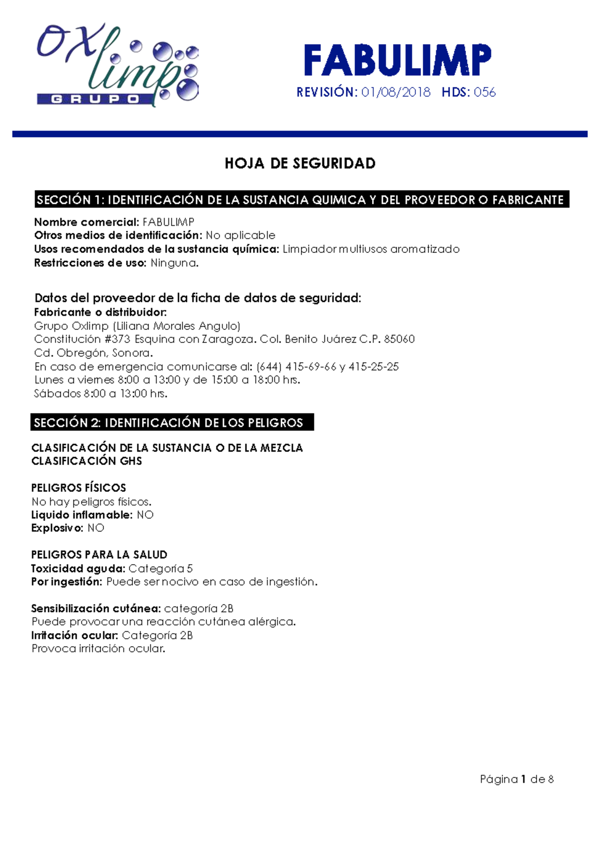 FABULIMP HDS: 056 - Hoja de Seguridad del Limpiador Multiusos - Studocu