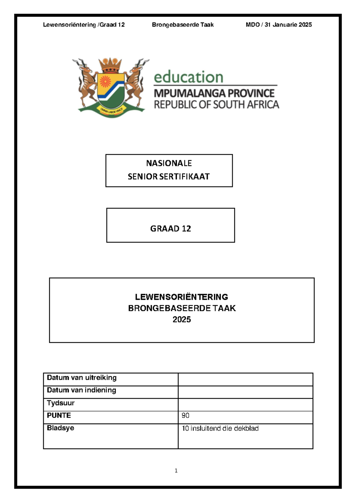 Graad 12 Lewensorientering Brongebaseerde Taak 2025 - Stress en ...