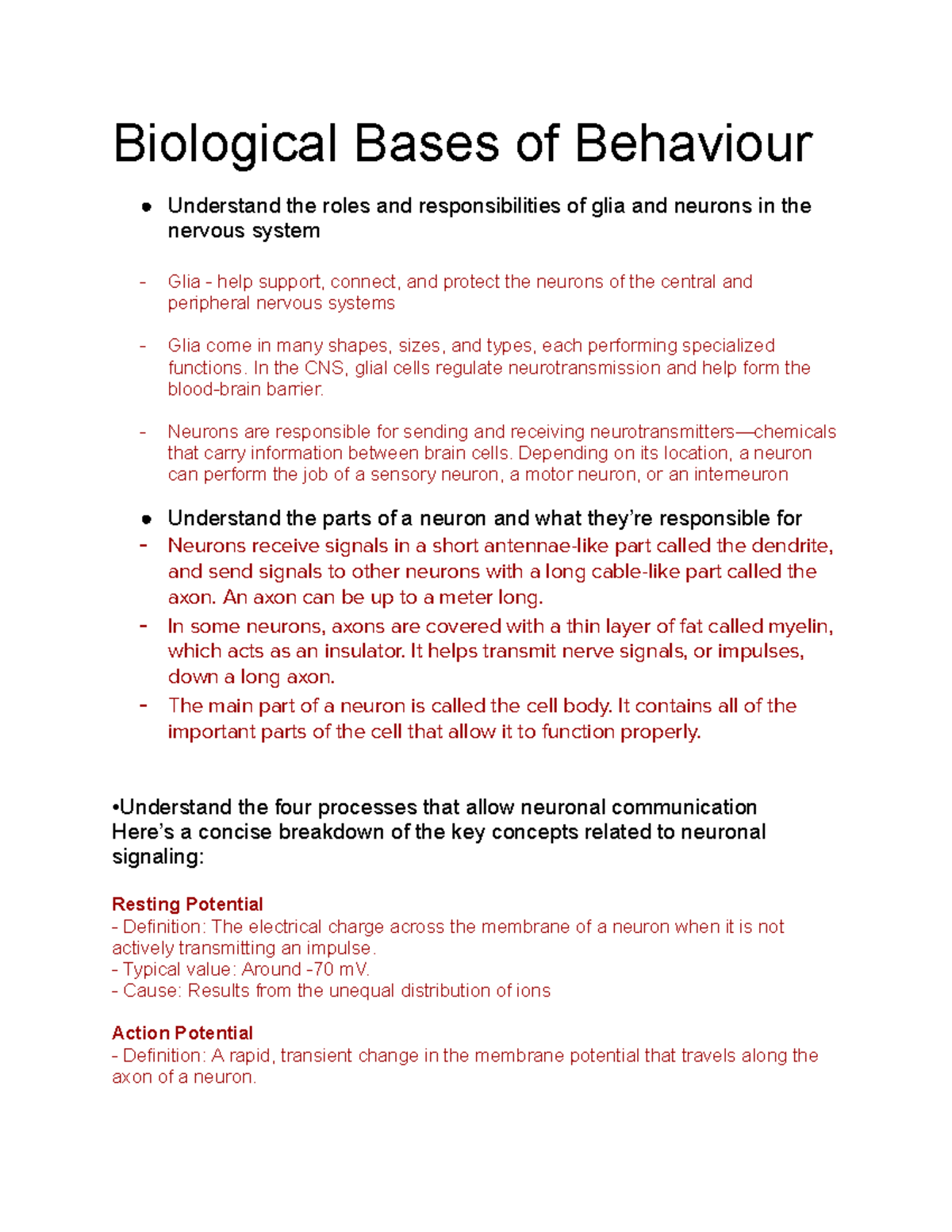 Psych 101 - Midterm Review Lecture Notes on Biological Bases of ...