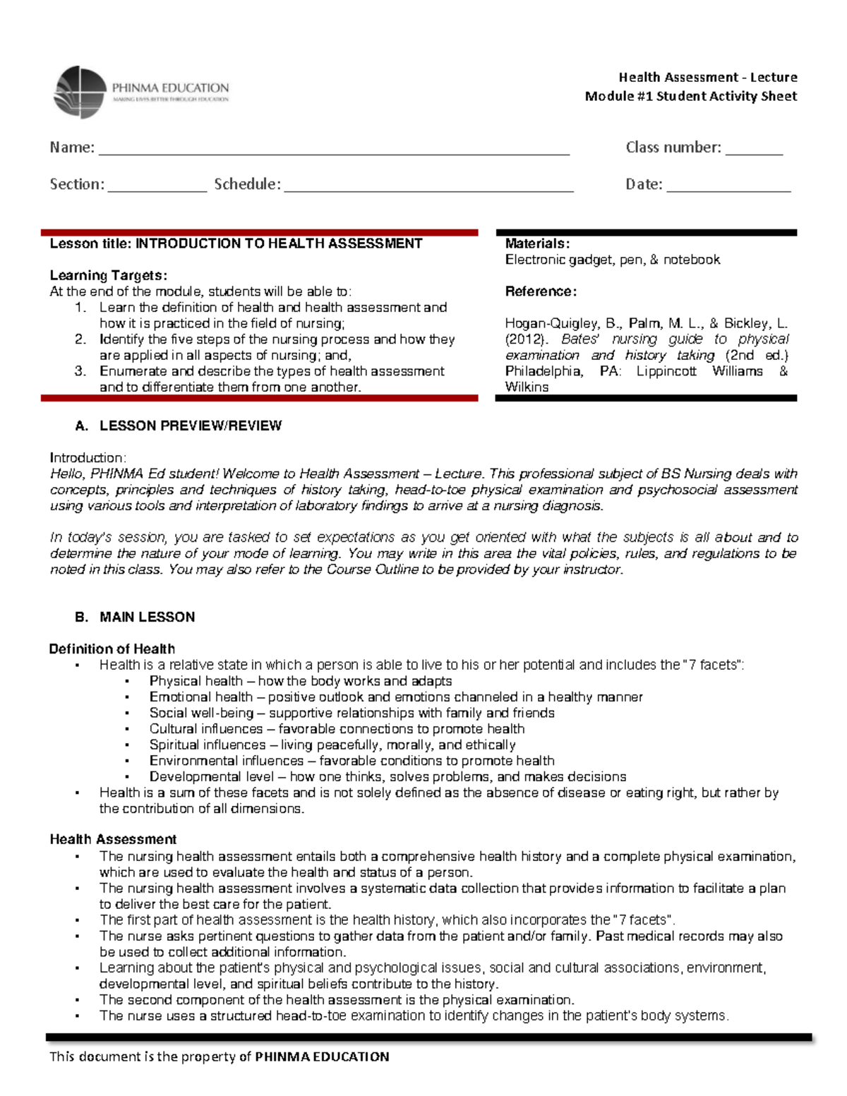 SAS #1 - Health Assessment Lecture Module Activity Sheet - Studocu