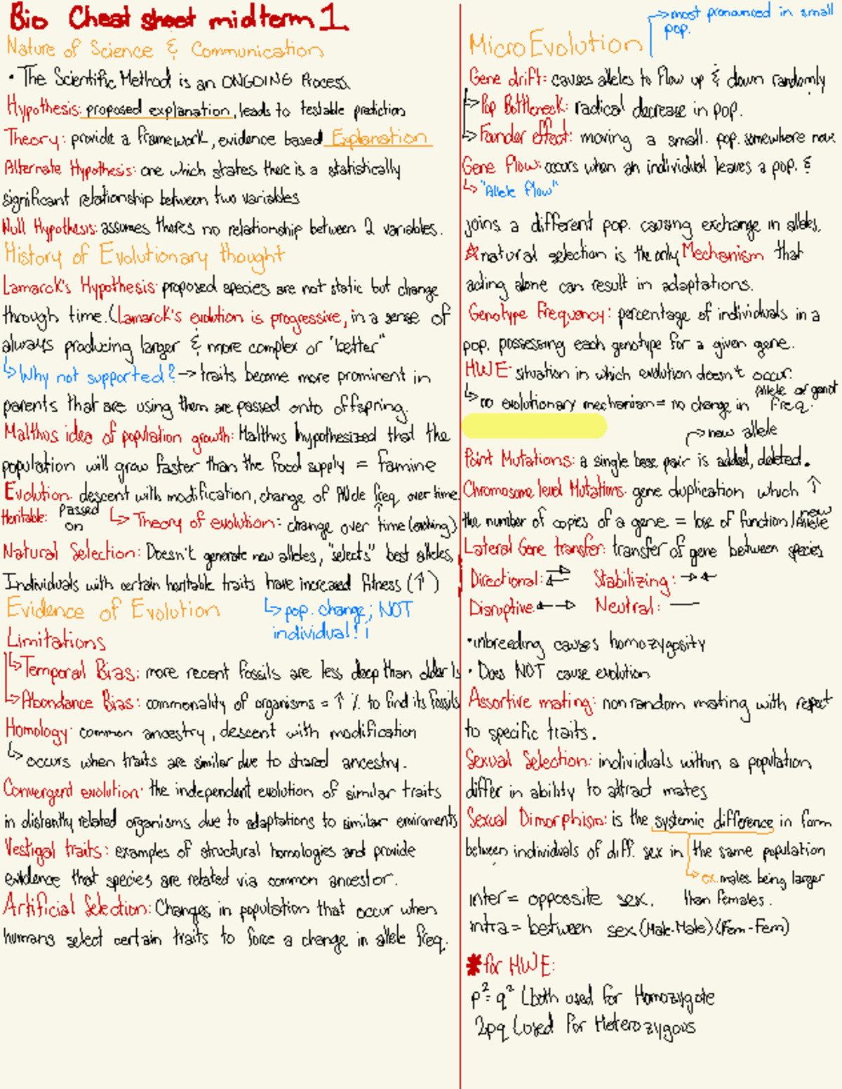 Biol 1001 Final Exam Cheat Sheet: Nature of Science & Evolution - Studocu