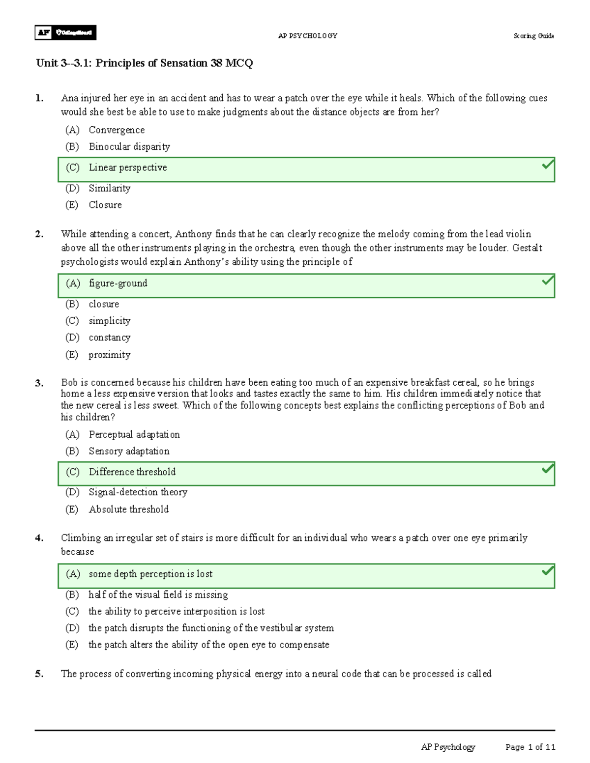 AP PSYCHOLOGY Scoring Guide: Unit on Principles of Sensation ...