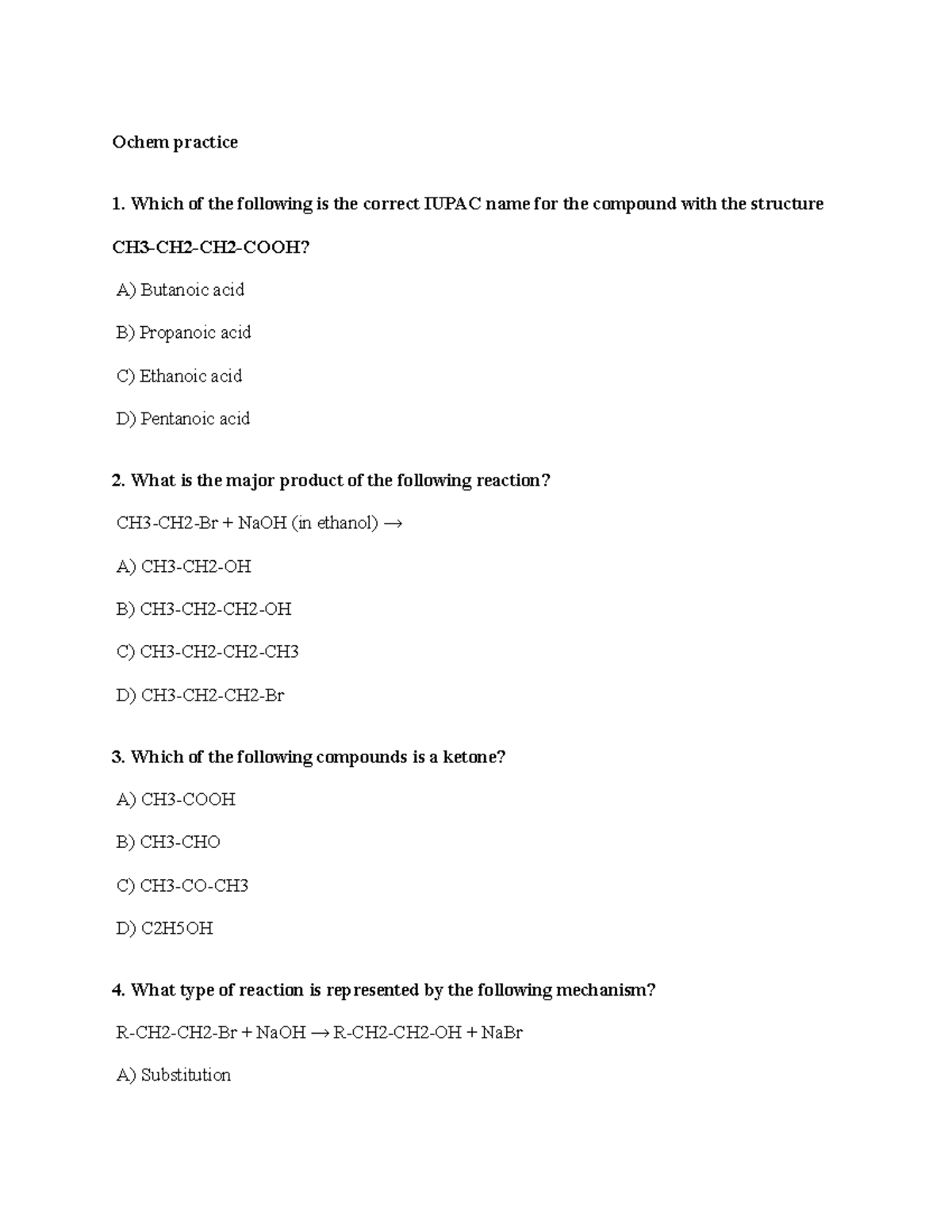Ochem Practice Questions: Naming & Reactions Analysis - Studocu