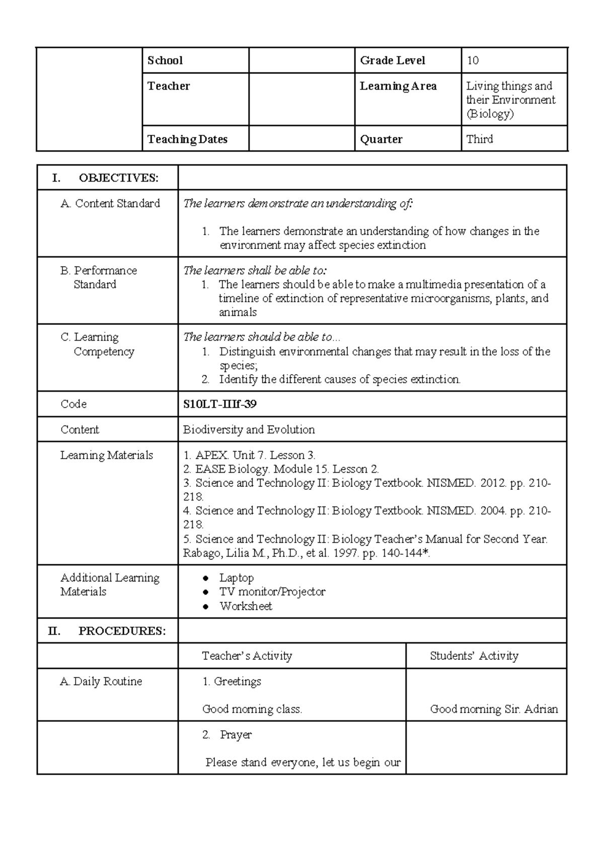 Biodiversity and Evolution Lesson Plan (S10LT-IIIf) - Studocu