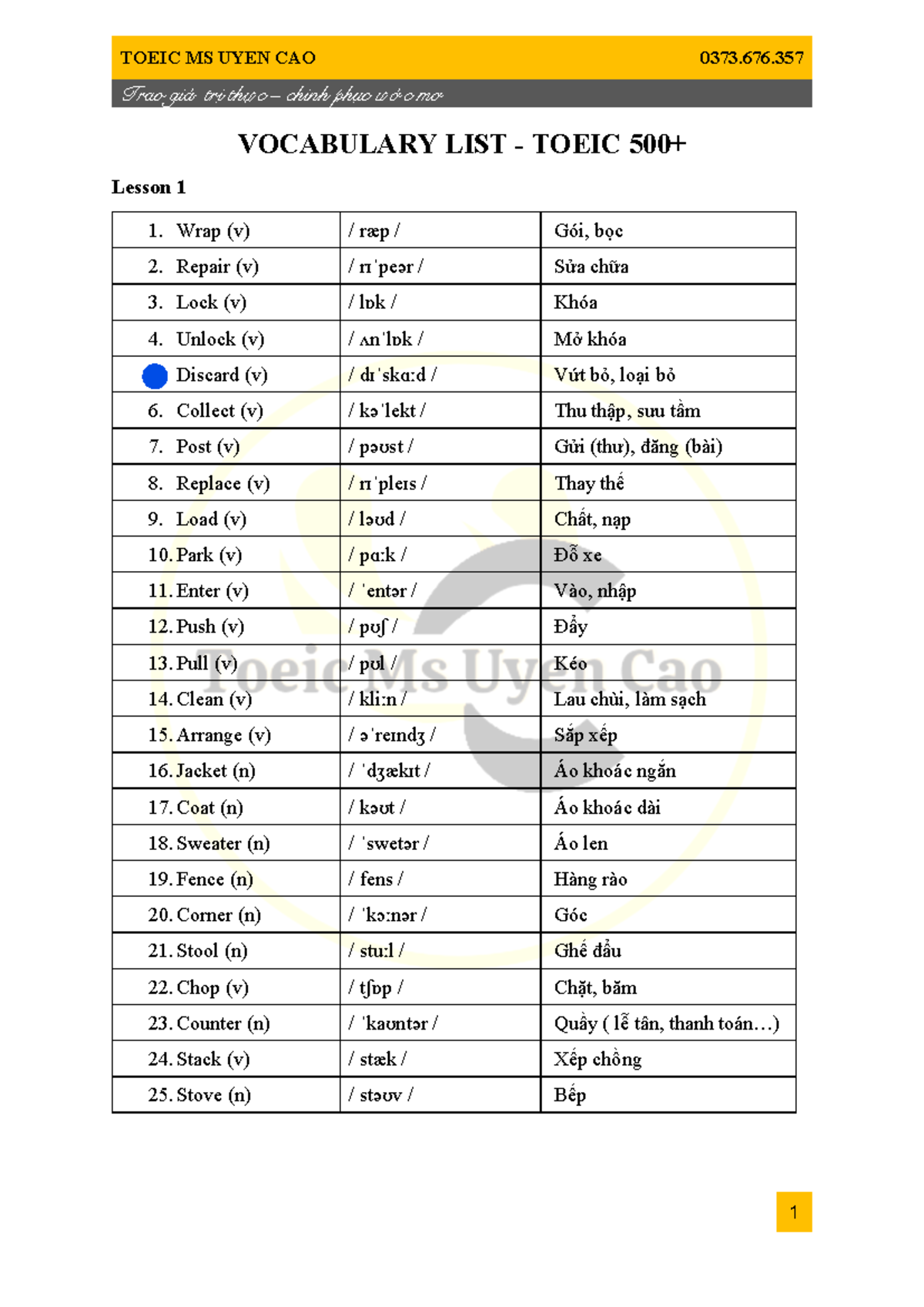 TOEIC 500+ Vocabulary Lessons - Comprehensive Word List - Studocu