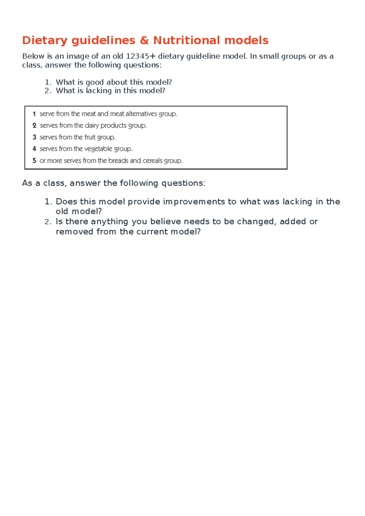 TUTE Questions WEEK 1 - Dietary guidelines & Nutritional models Below ...