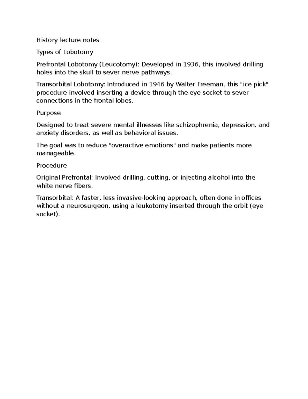 History Lecture Notes: Types of Lobotomy Explained - Studocu