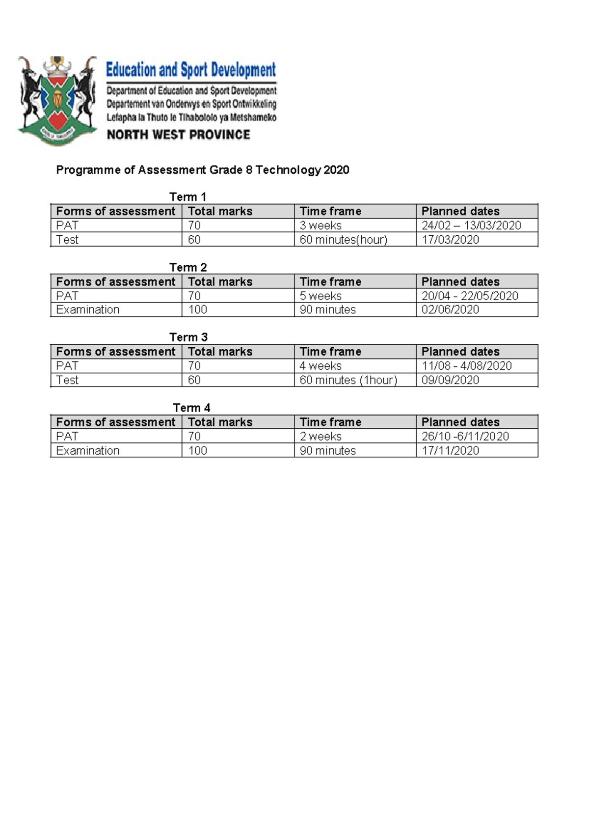 teg4524524524354 - Forms of assessment Total marks Time frame Planned ...