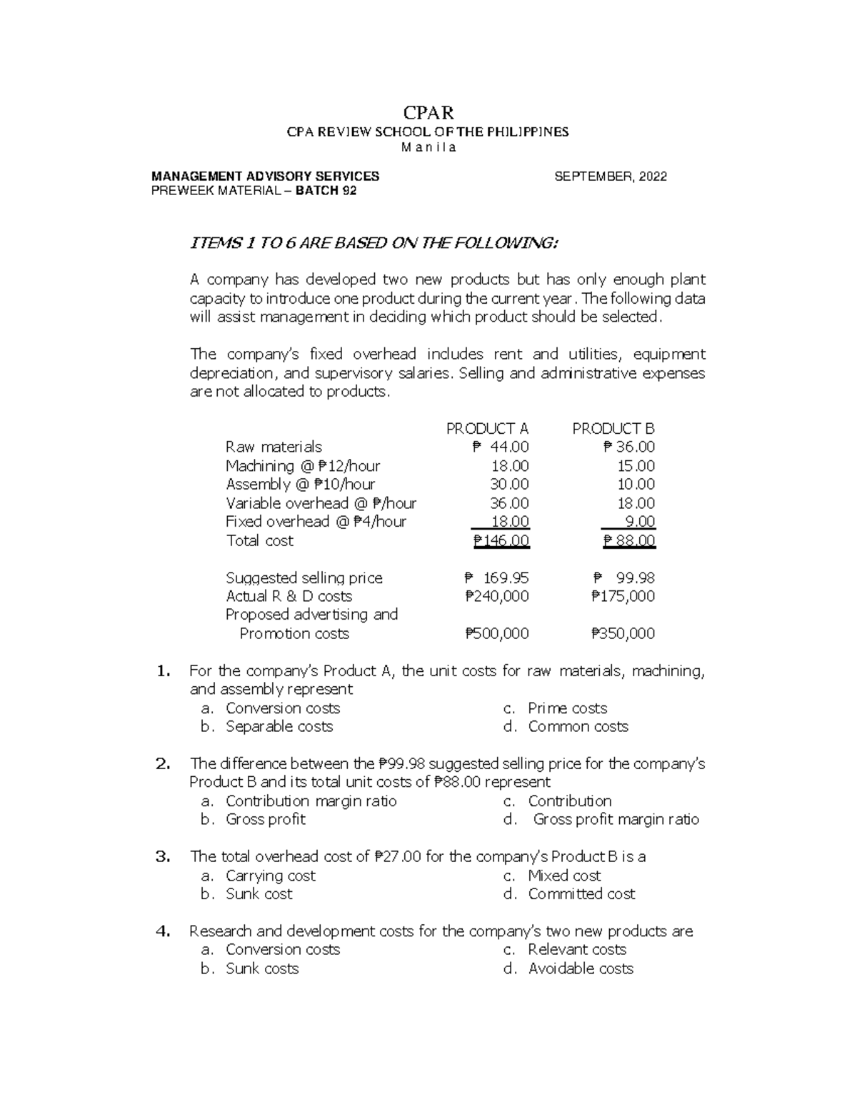 CPAR 92 MAS Preweek Review - Management Advisory Services 2022 - Studocu
