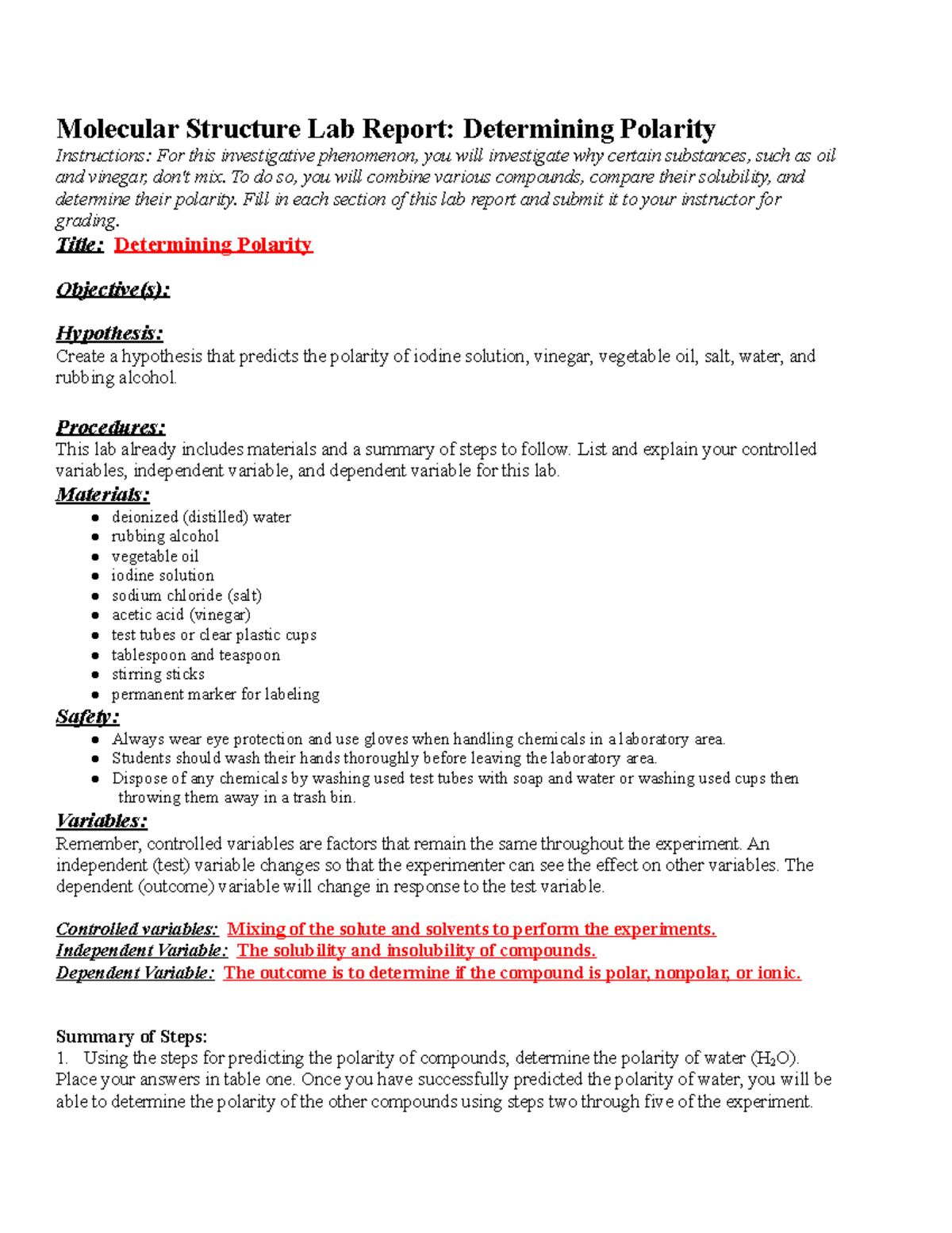 03.05 Molecular Structure Lab: Investigating Polarity of Substances ...