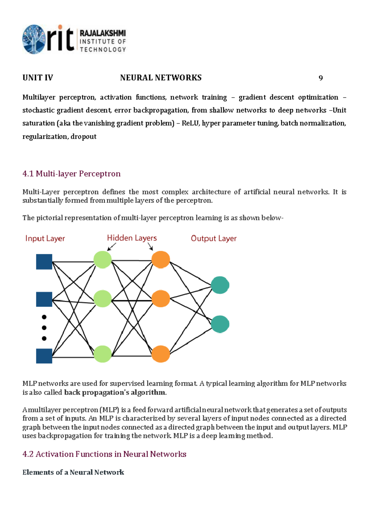 UNIT IV NEURAL NETWORKS: MLP, Activation Functions & Training Methods ...