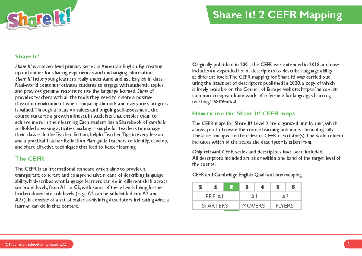 Share It! 2 CEFR Mapping: Skills Overview and Learning Outcomes - Studocu