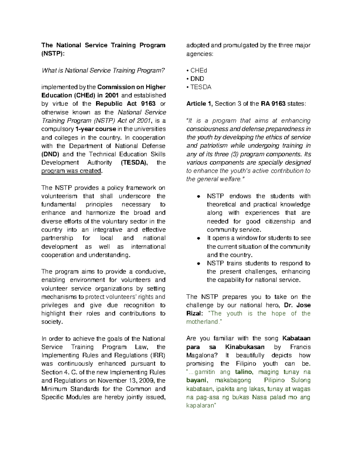 NSTP-CWTS: Comprehensive Reviewer on National Service Training Program ...