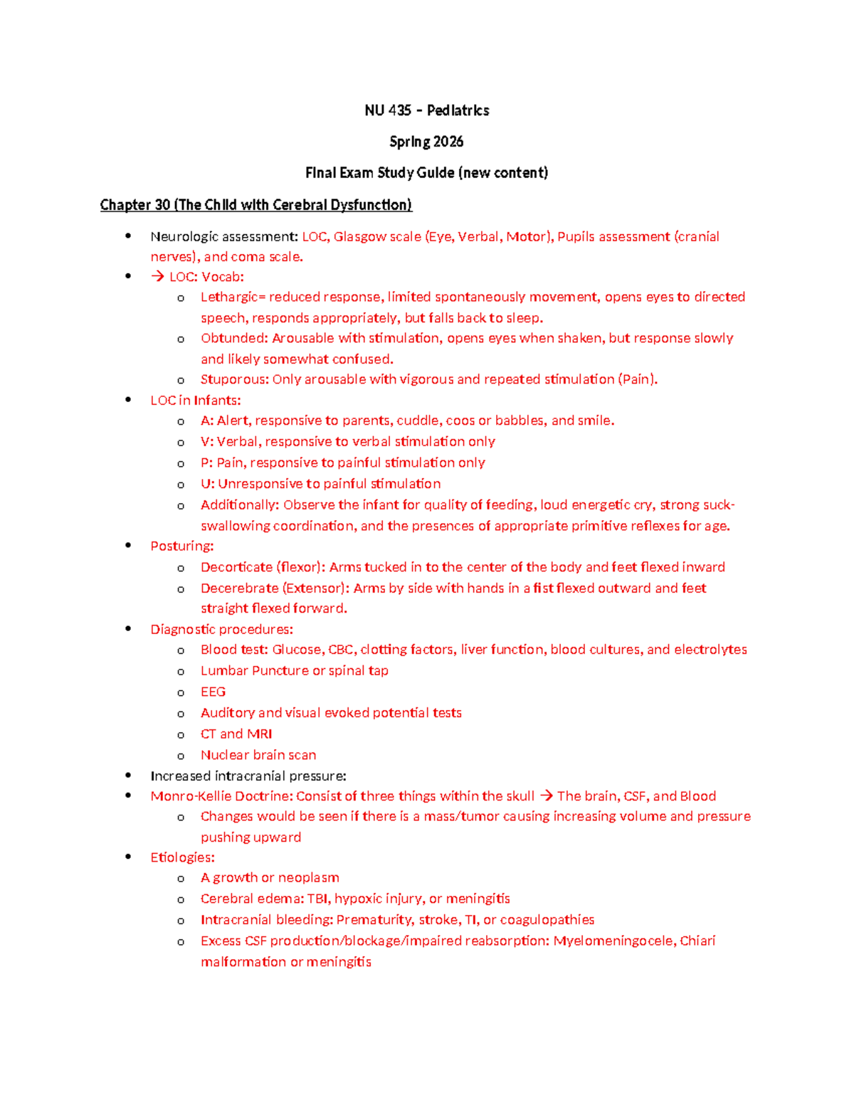 NU 435 Pediatrics Spring 2026 Final Exam Study Guide: Neurologic ...
