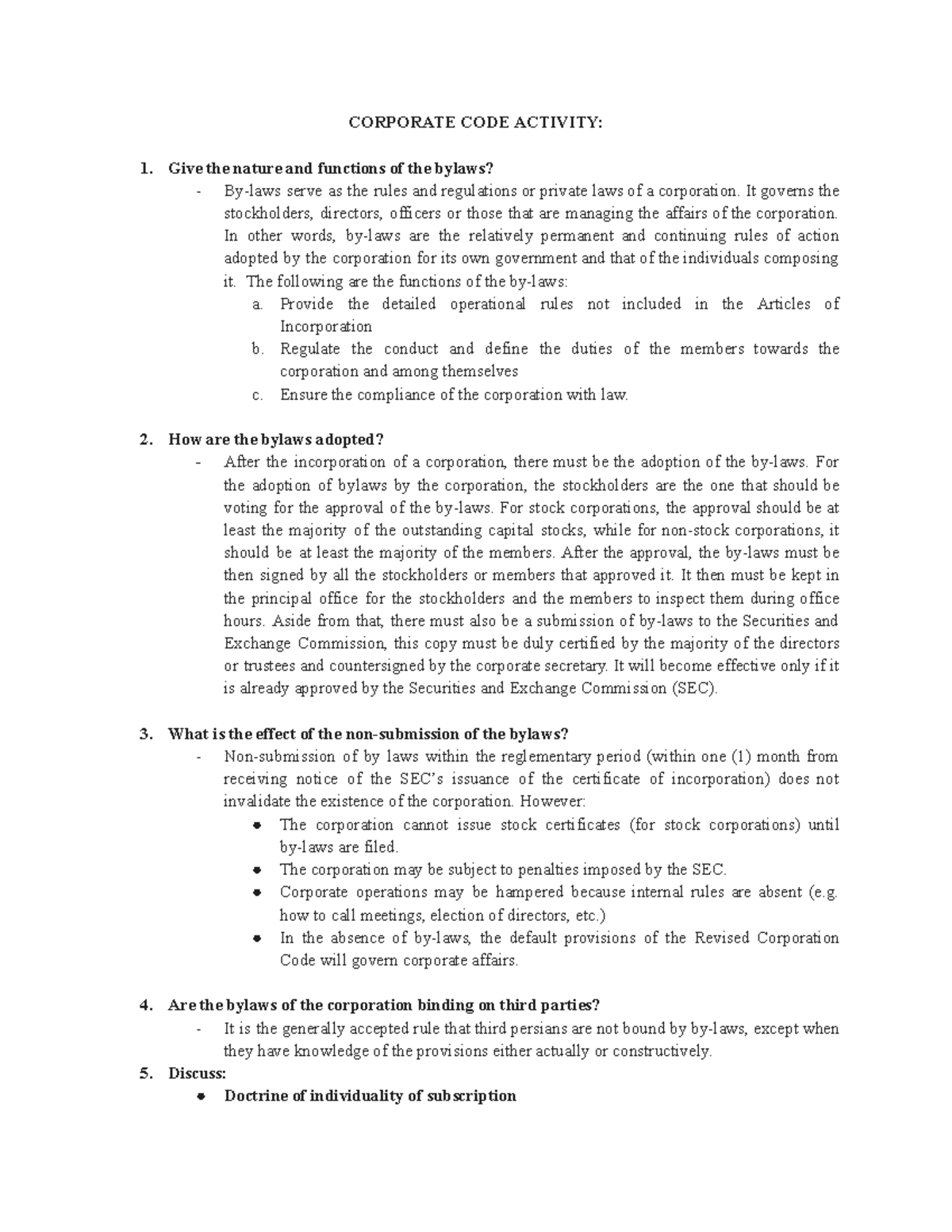Corporate Code Activity: Nature and Functions of Corporate Laws - Studocu