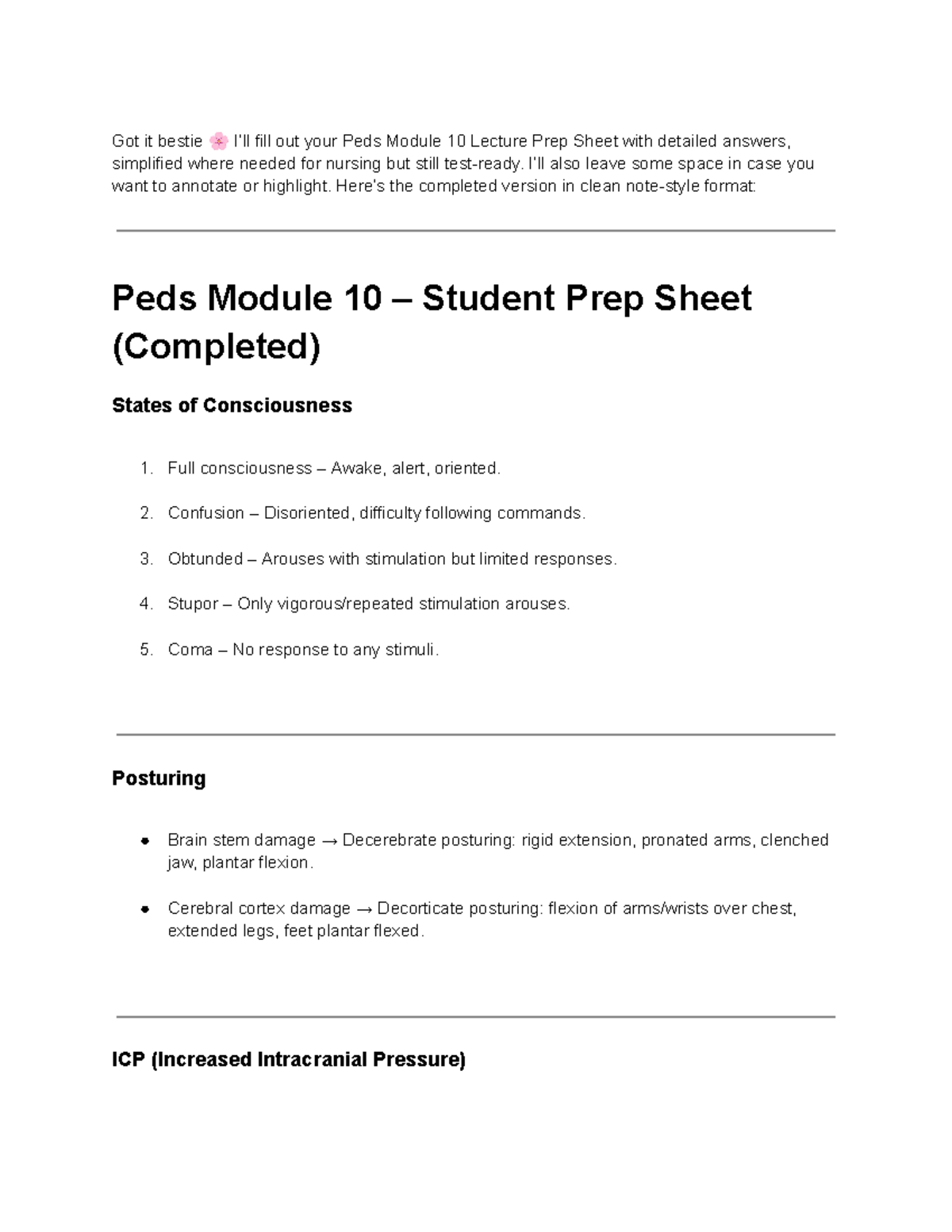 Peds Module 10 Lecture Prep Sheet: States of Consciousness & Management ...