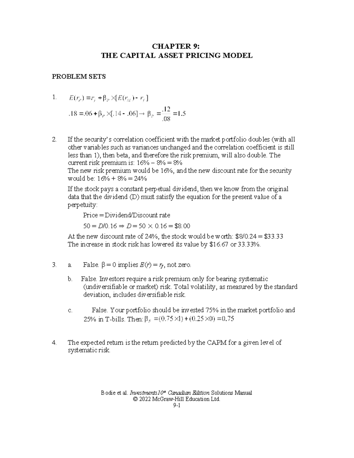 Bodie et al. Investments 10th Ed. Chapter 9: CAPM Problem Sets ...