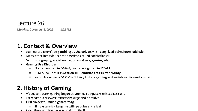 Lecture 26 Notes: Gaming Disorder and Behavioral Addictions - Studocu
