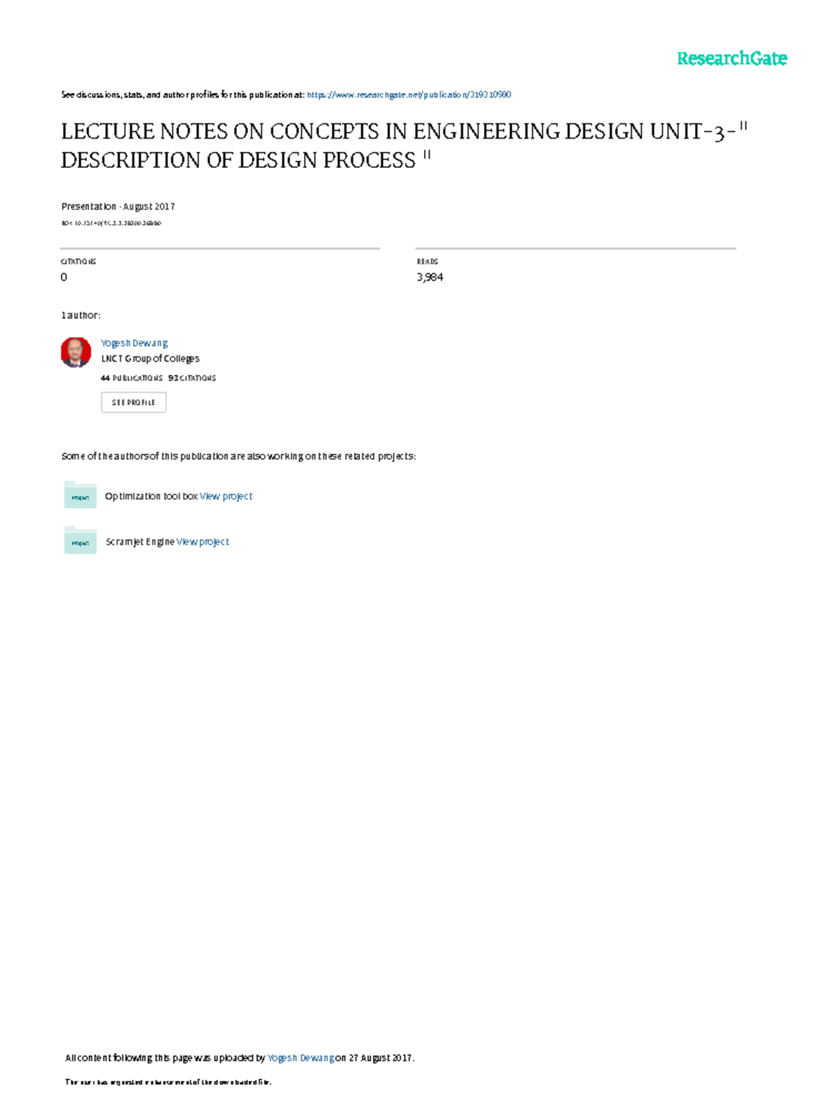 Lecture Notes on Engineering Design Concepts - Unit 3: Design Process ...