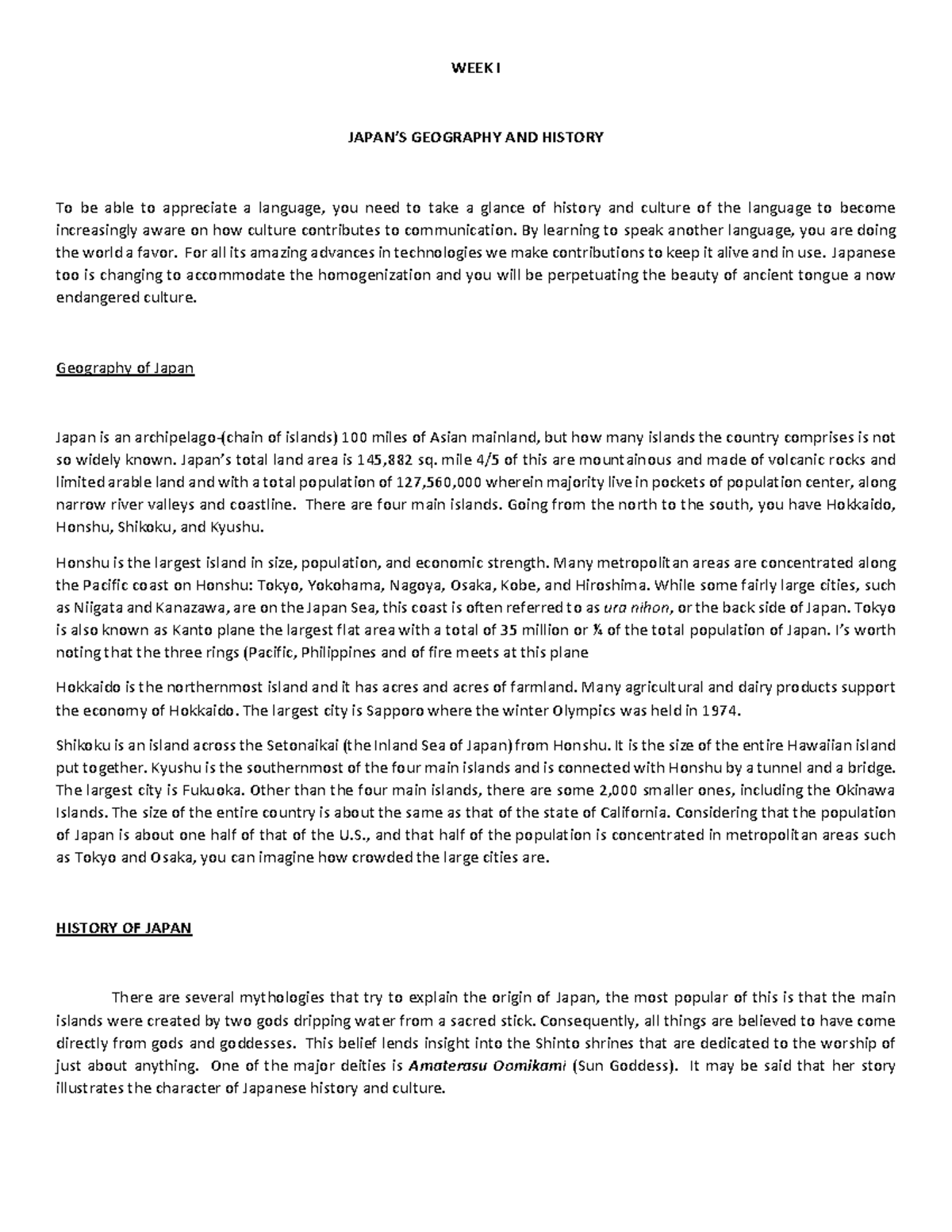 WEEK I: GEOGRAPHY & HISTORY OF JAPAN - Prelim Handout - Studocu