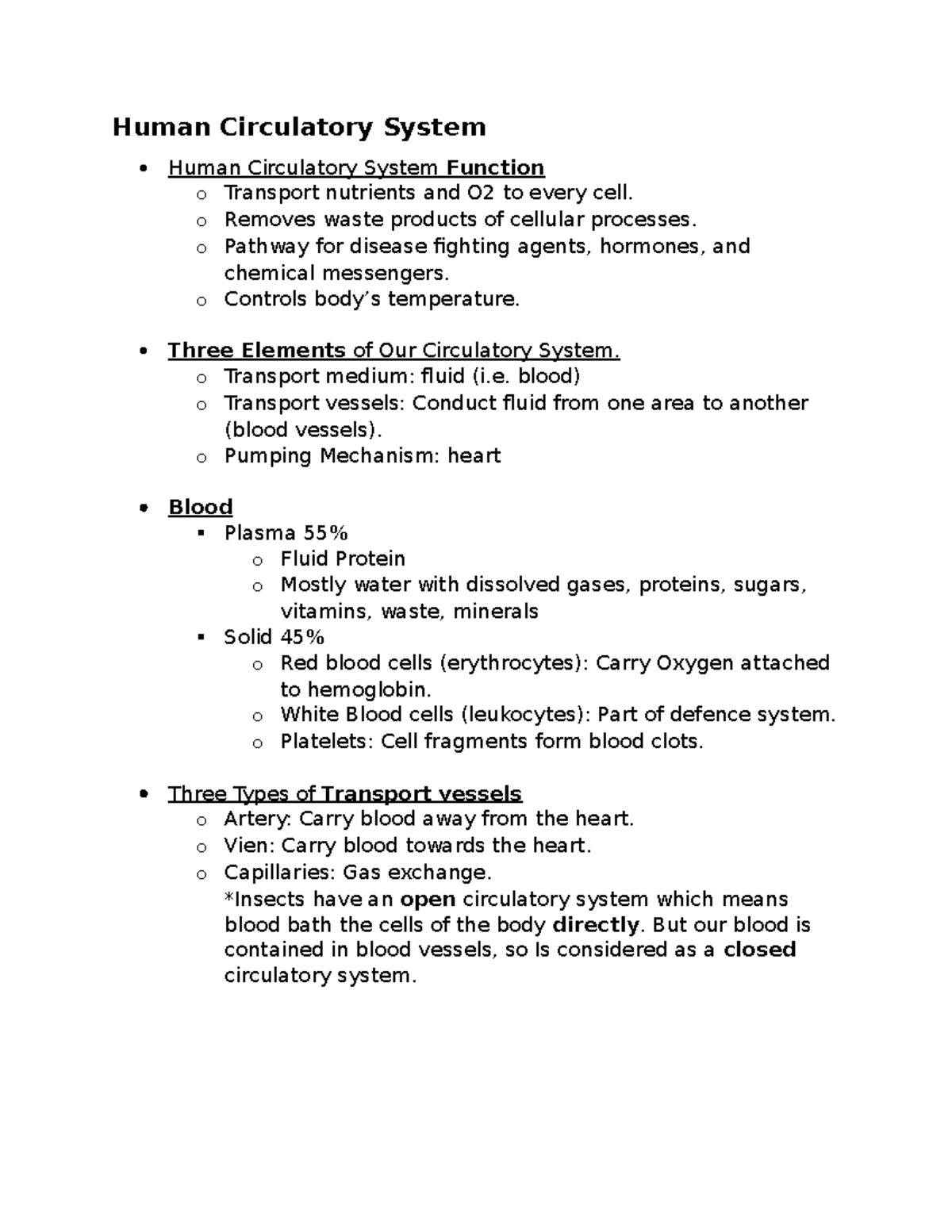 Bio Notes - Human Circulatory System Human Circulatory System Function ...