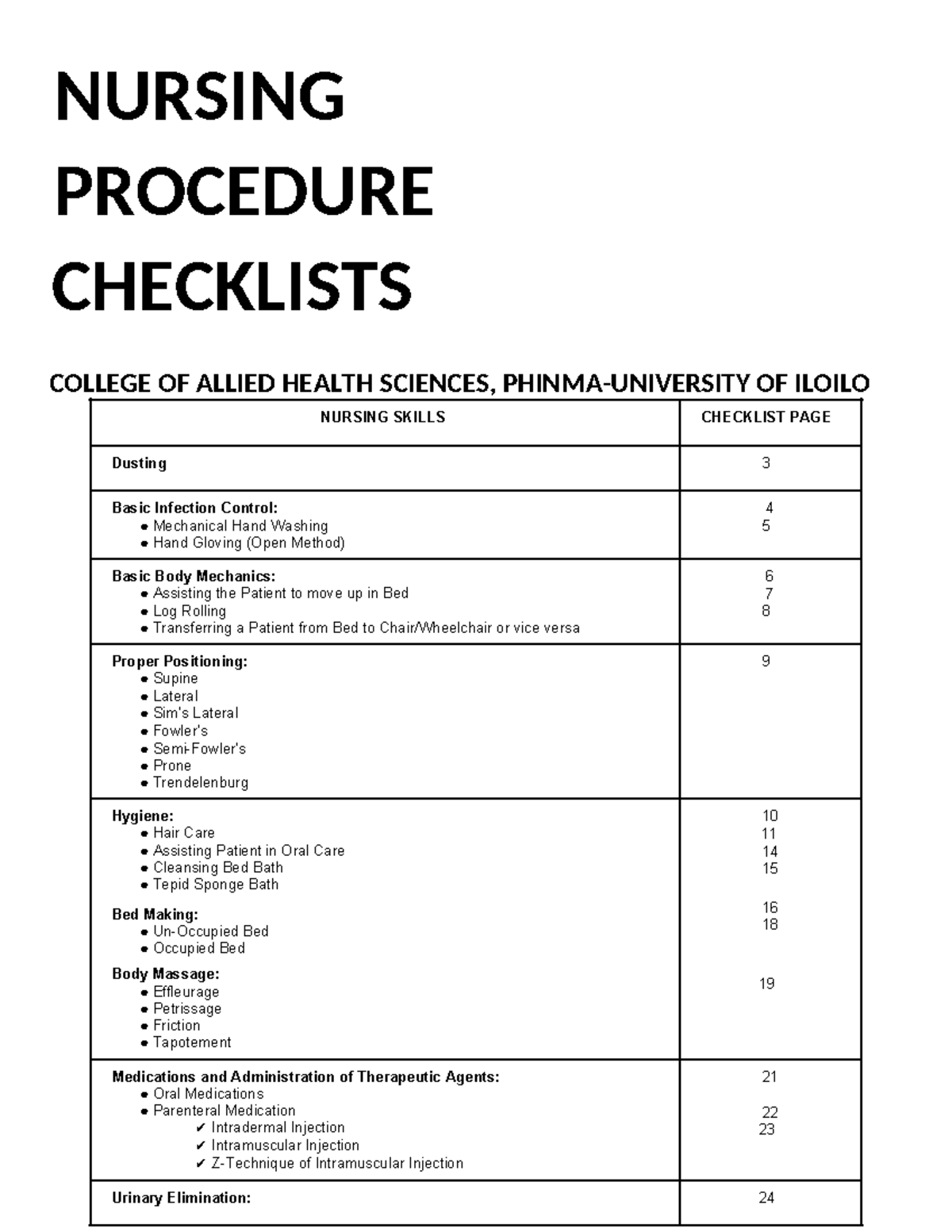 NURSING SKILLS CHECKLIST FOR FUNDAMENTALS OF NURSING PRACTICE (RLE ...