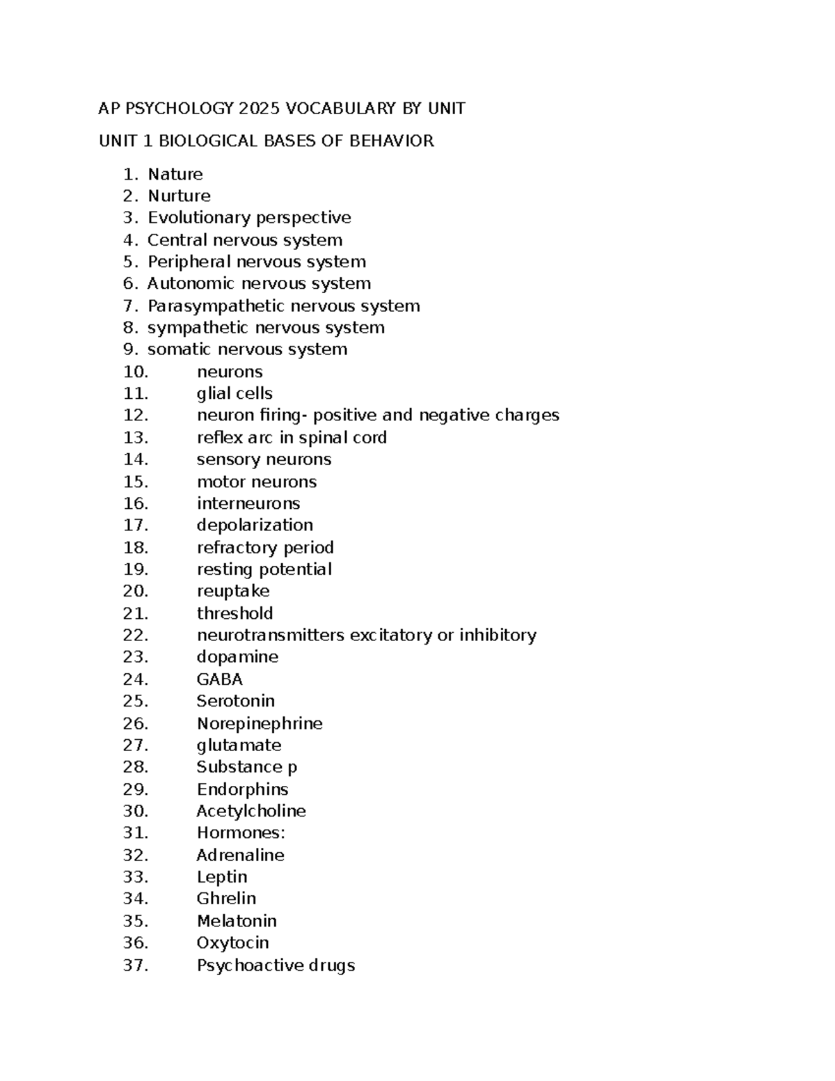 AP+ Psychology+UNIT+1+ Vocab+ Biological+ Bases - AP PSYCHOLOGY 2025 ...