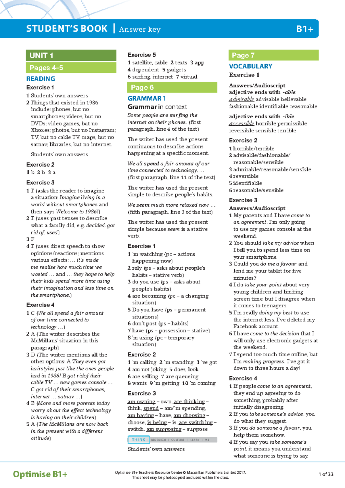 Optimise B1+ Answer Key for Units 1-10 Exercises and Vocabulary - Studocu