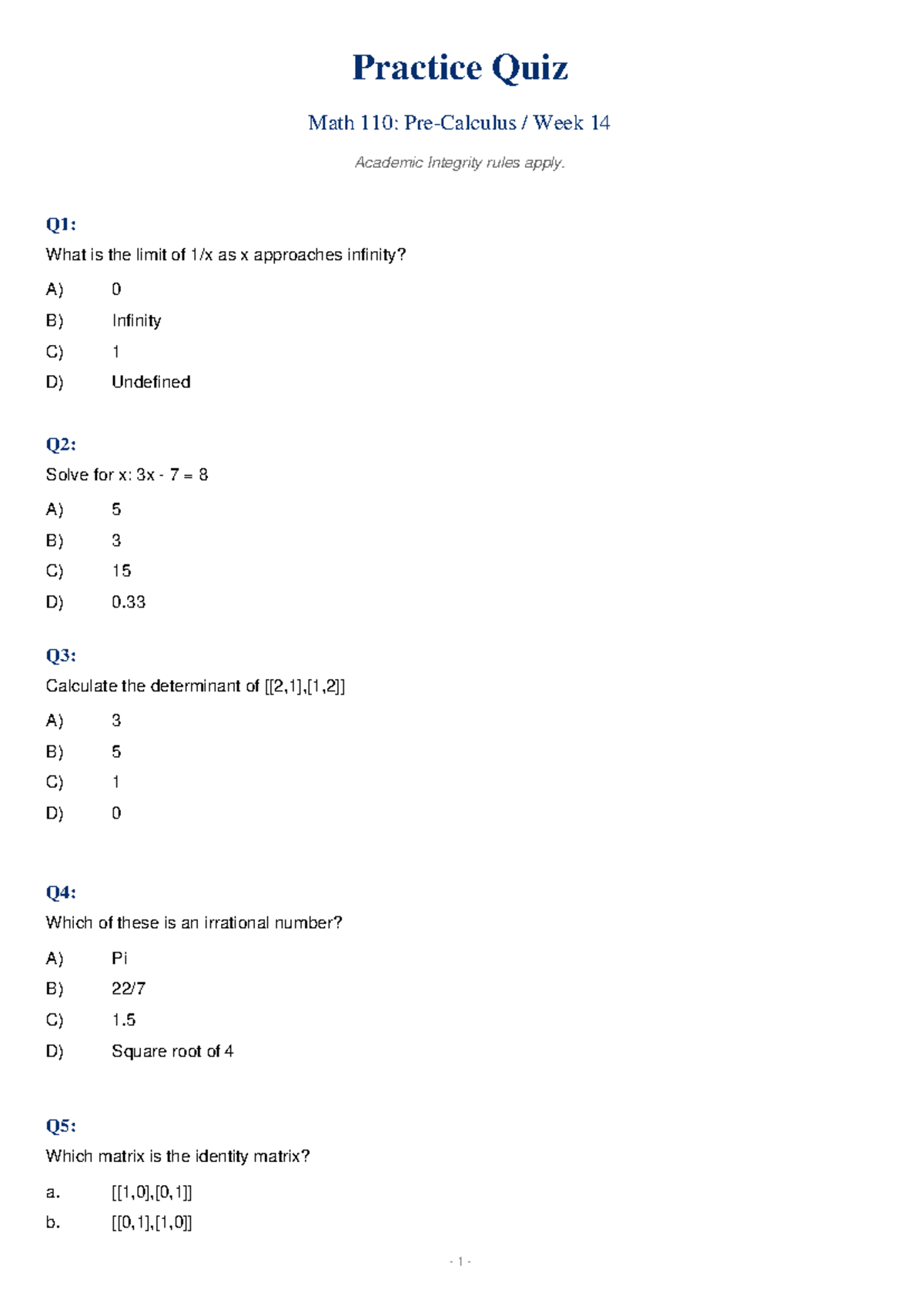 Practice Quiz Math 110: Week 14 - Academic Integrity Rules Apply - Studocu