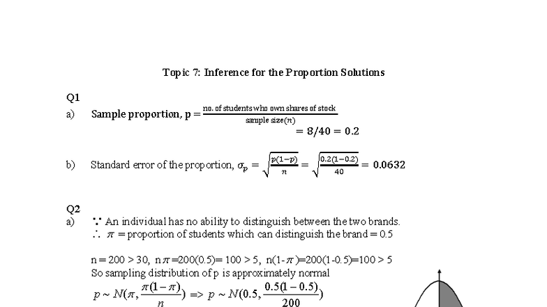 Topic 7: Inference for the Proportion Solutions (Q1-Q5) - Studocu