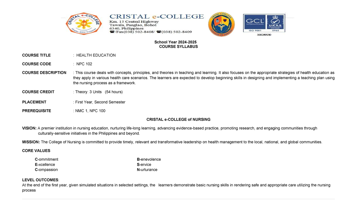 NPC 102 Health Education Course Syllabus and Learning Outcomes - Studocu