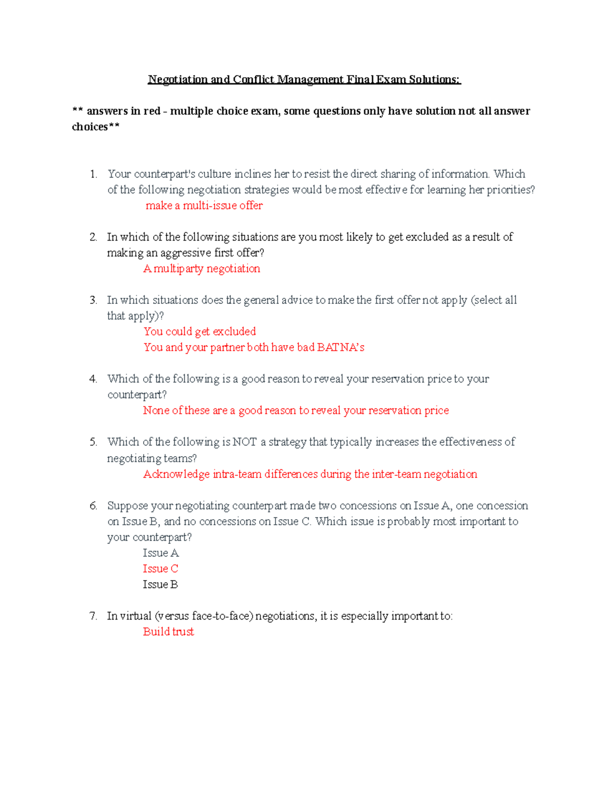 Negotiation and Conflict Management (NCM 301) Final Exam Solutions - Studocu