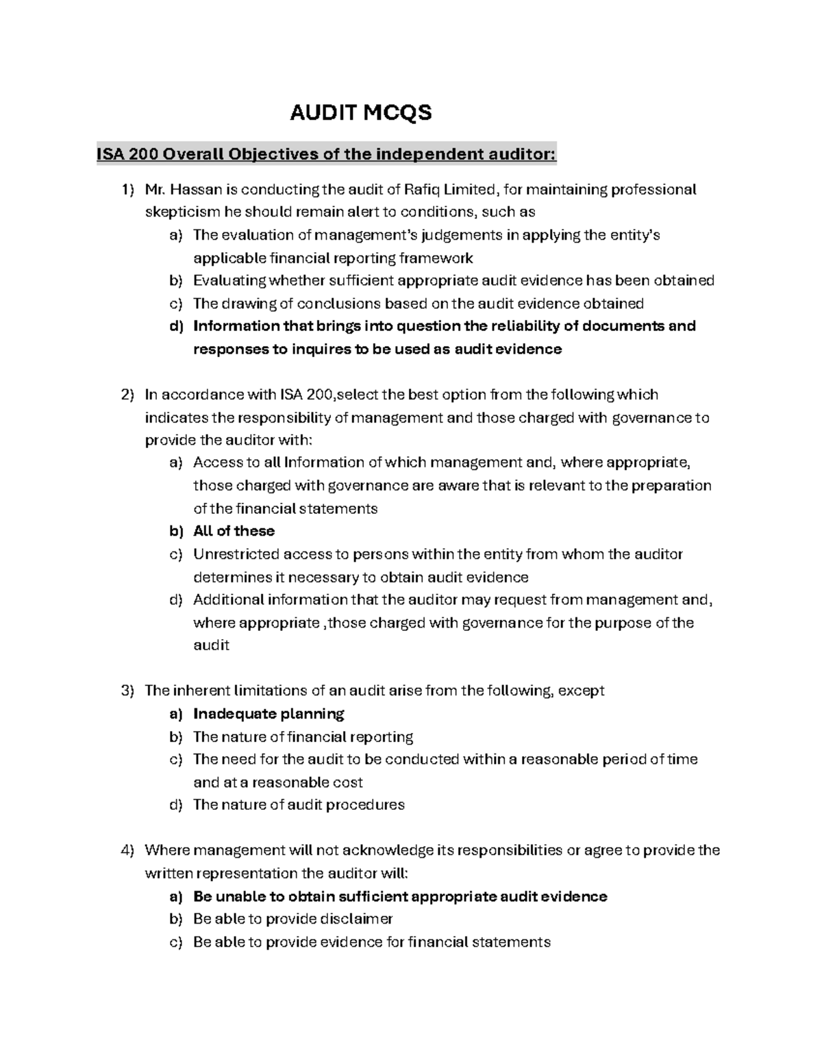 AUDIT MCQS - ISA 200 Independent Auditor Objectives and ...