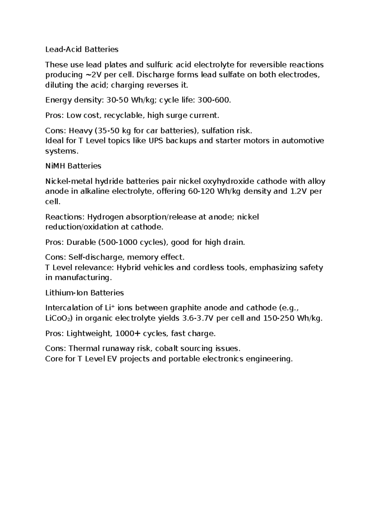 Batteries Overview: Lead-Acid, NiMH, and Lithium-Ion for T Level - Studocu