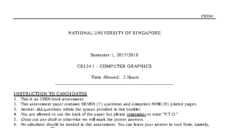 CS3241 Final Exam Answers - Computer Graphics (Sem 1) - Studocu