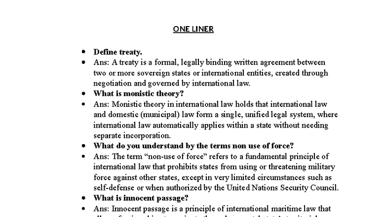PIL One liner - THIS NOTES IS FOR PIL & HR - Define treaty. Ans: A ...