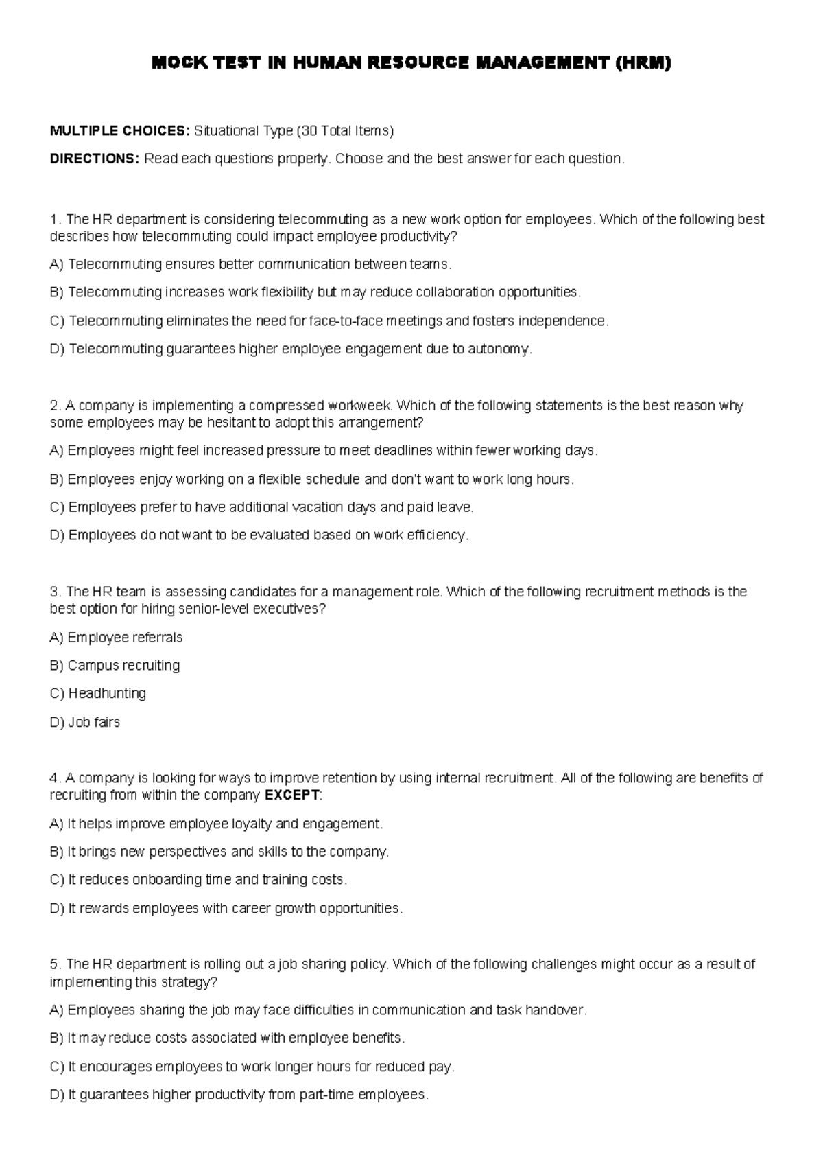 Mock Test in HRM (Human Resource Management) - Chapters 3 & 4 (30 Items ...