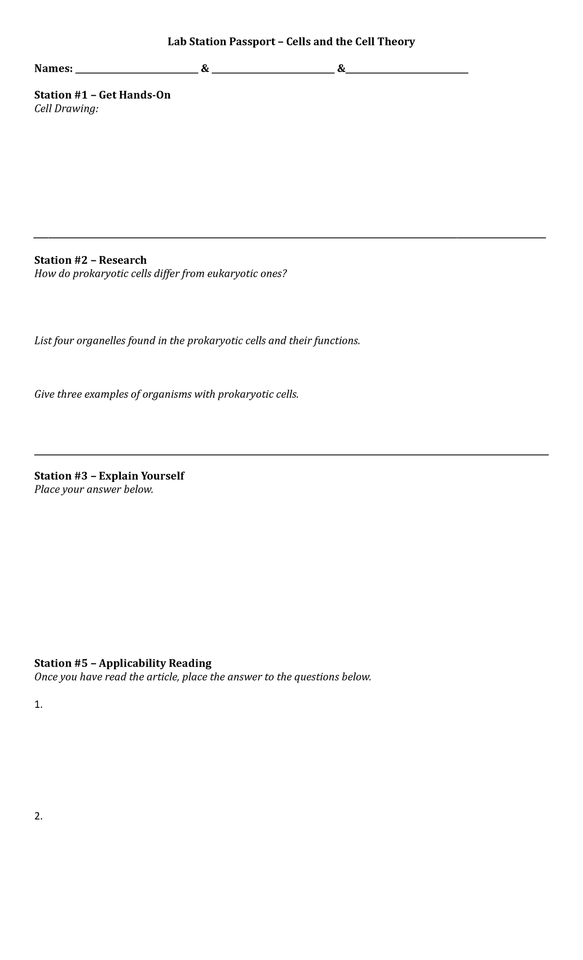Lab Station Activity - Passport - Lab Station Passport – Cells and the ...