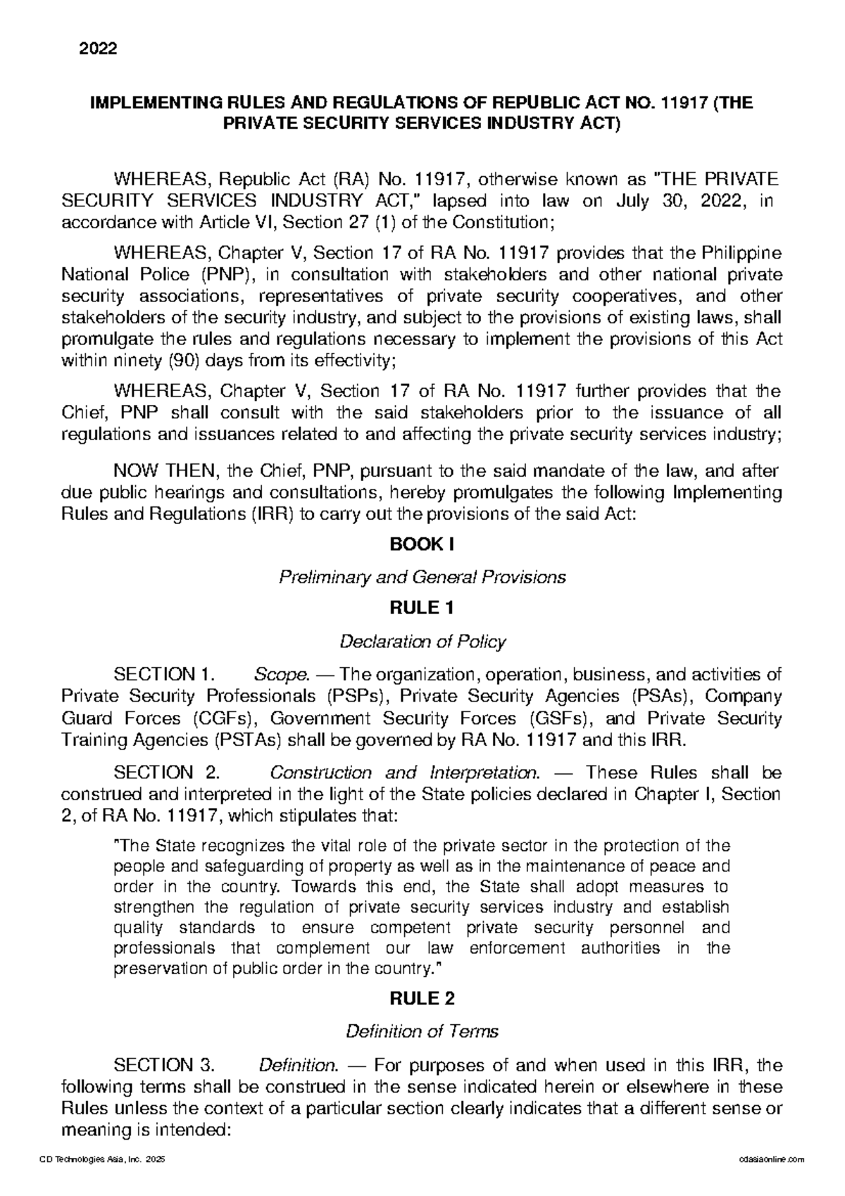 IRR of RA No. 11917: Private Security Services Industry Act - Studocu