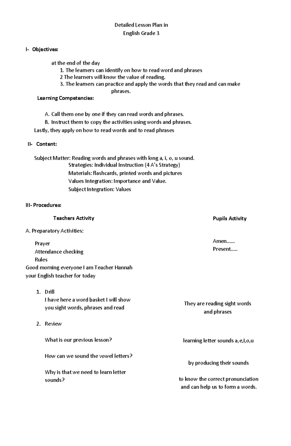 Grade 3 English Detailed Lesson Plan: Reading Words & Phrases - Studocu
