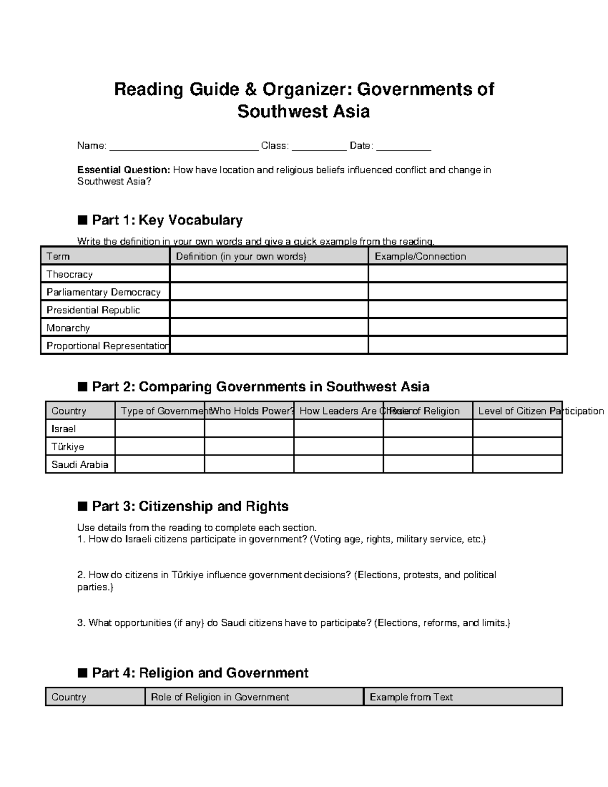 Governments of Southwest Asia: Reading Guide Organizer - Studocu