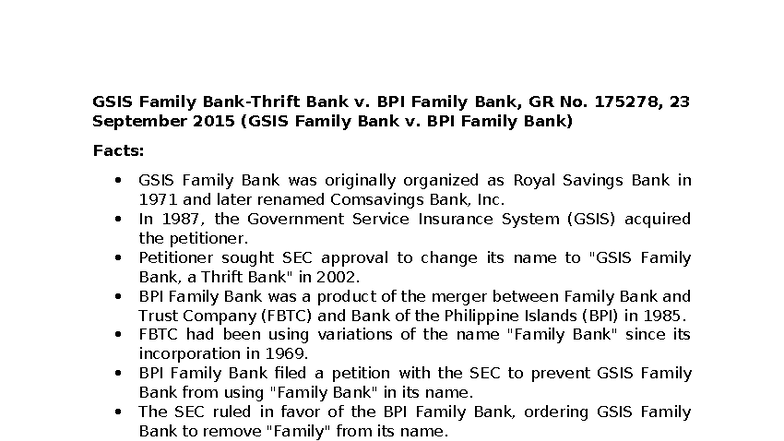 GSIS Family Bank-Thrift v. BPI Family Bank Case Analysis (GR No. 175278 ...