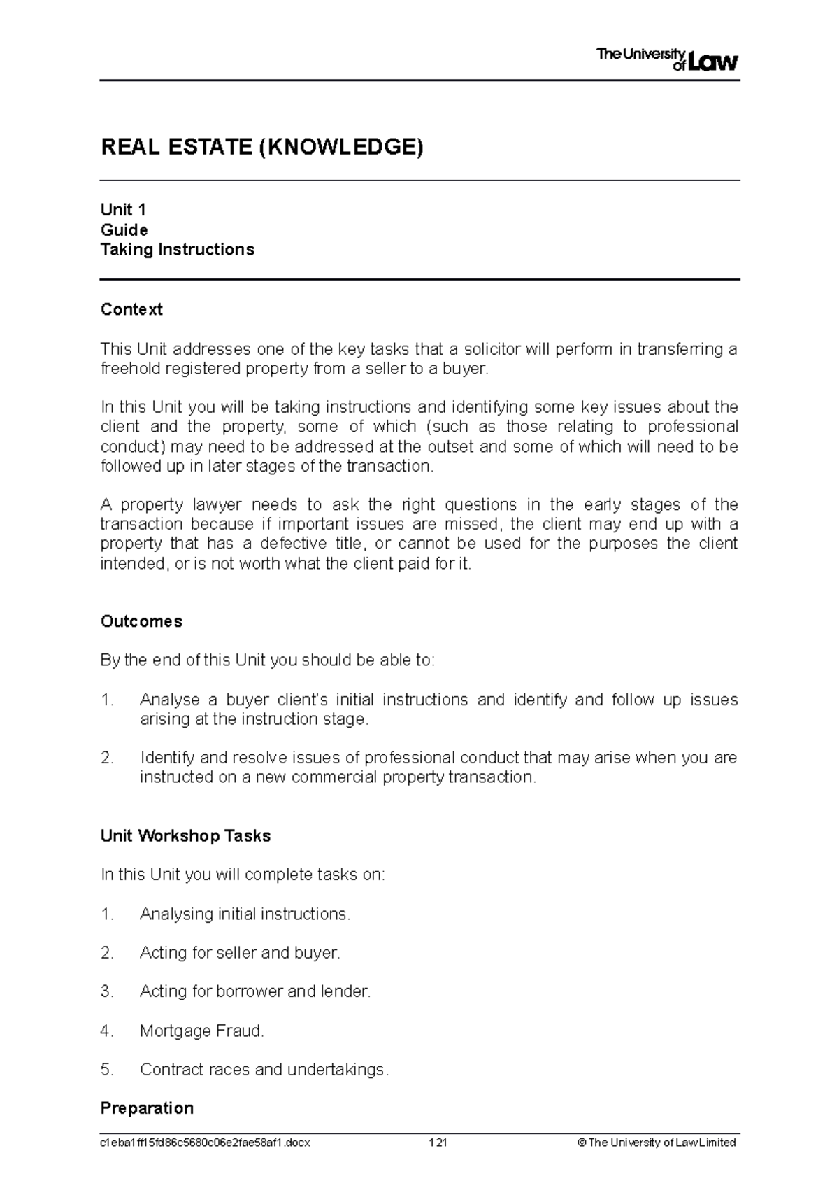 Real estate workshop 1 - REAL ESTATE (KNOWLEDGE) Unit 1 Guide Taking ...