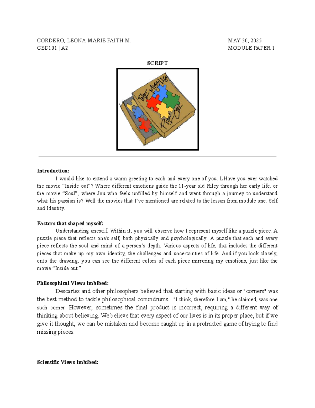 GED101 Module 1 Paper: Self and Identity Exploration - Studocu